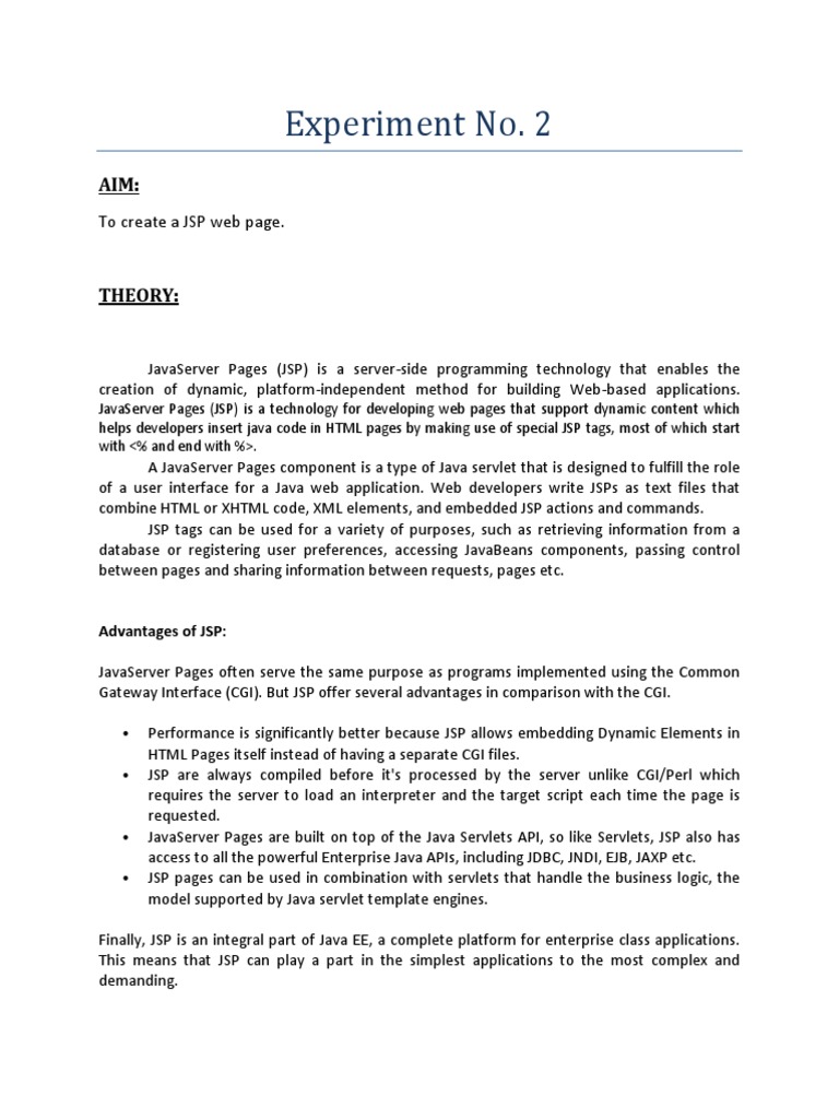 Experiment No. 2: To Create A JSP Web Page | PDF | Java Server Pages | Java Servlet