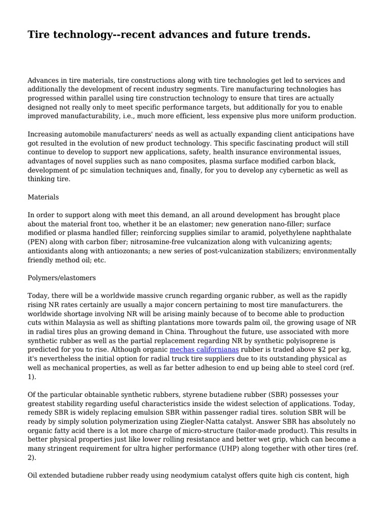 Tire Technology - Recent Advances and Future Trends. | PDF ...