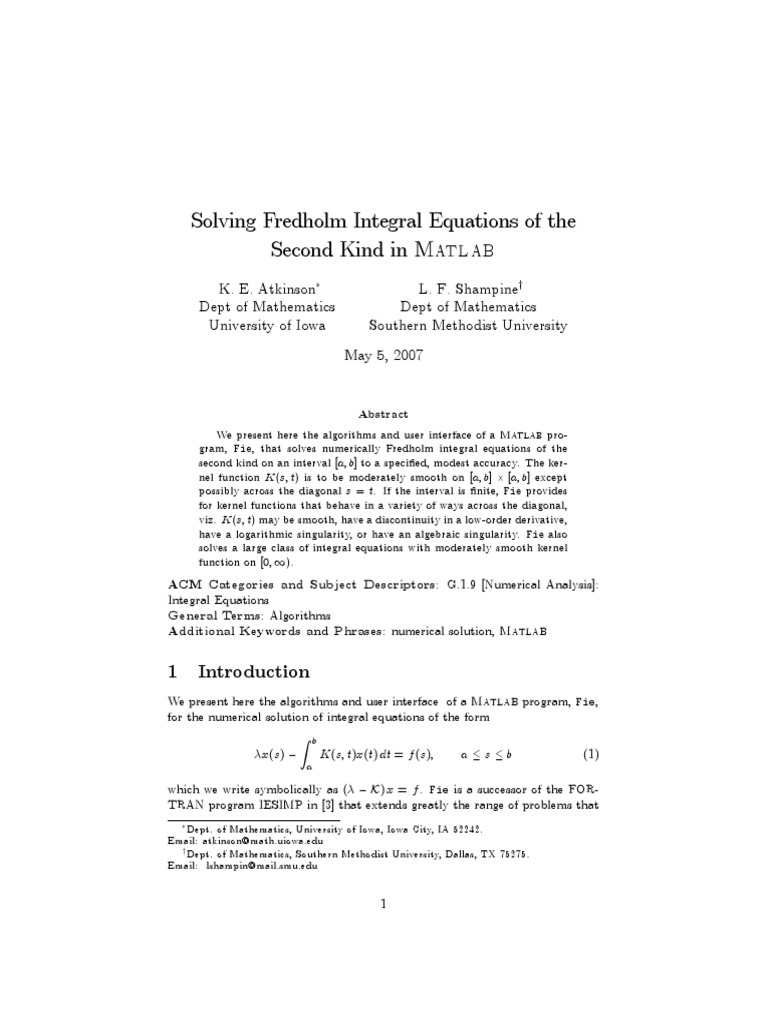 Solving Fredholm Integral Equations Of The Second Kind In Matlab Pdf Numerical Analysis