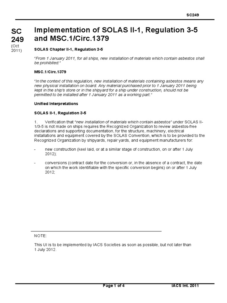 SC 249 Implementation of SOLAS II-1, Regulation 3-5 and MSC.1/Circ.1379 SC 249 | PDF | Thermal ...