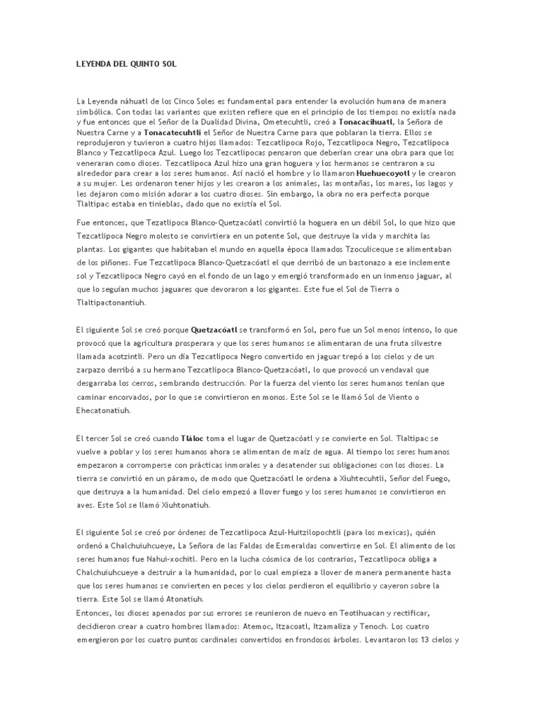 Leyenda Del Quinto Sol | PDF | azteca | Religión y creencia