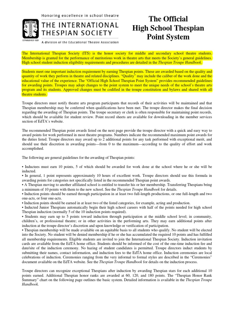Official High School Thespian Point System | PDF | Actor | Secondary School