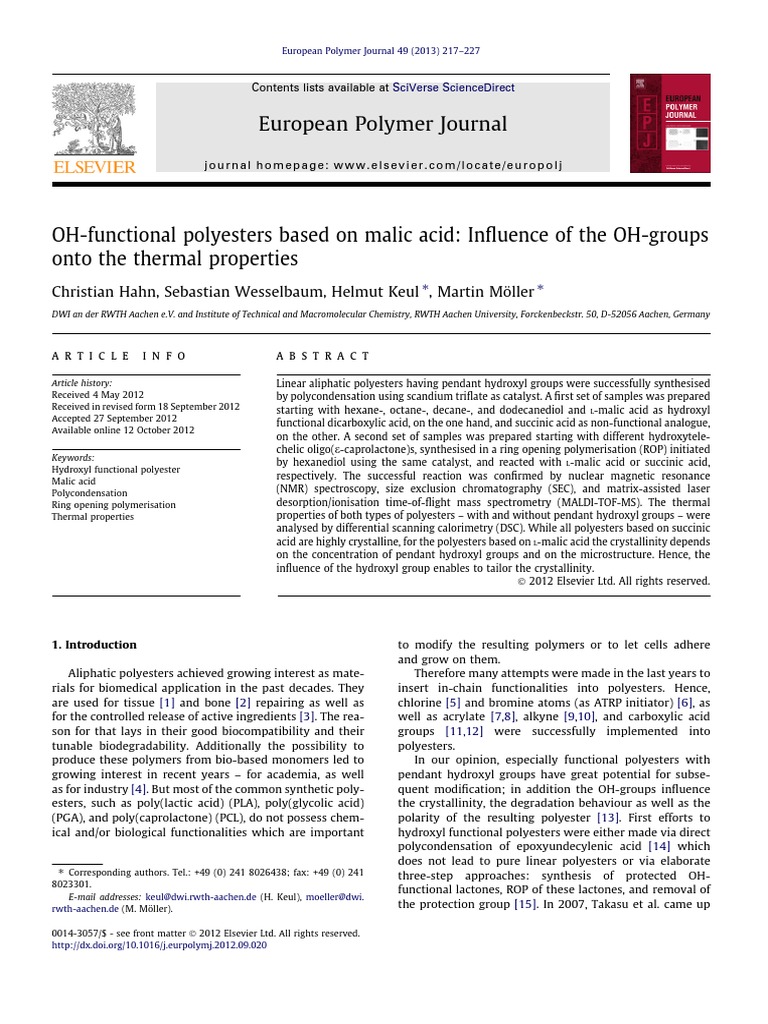 European Polymer Journal: Christian Hahn, Sebastian Wesselbaum, Helmut ...