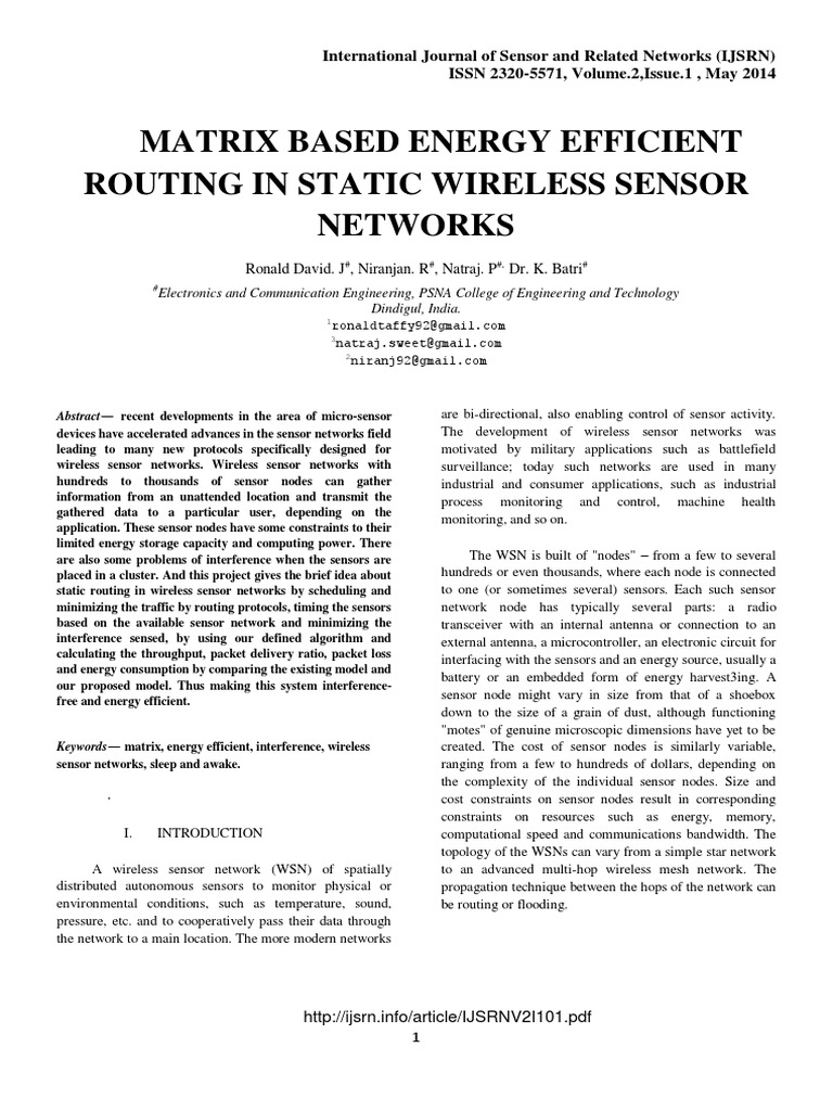 Matrix Based Energy Efficient Routing In Static Wireless Sensor Networks Pdf Wireless Sensor