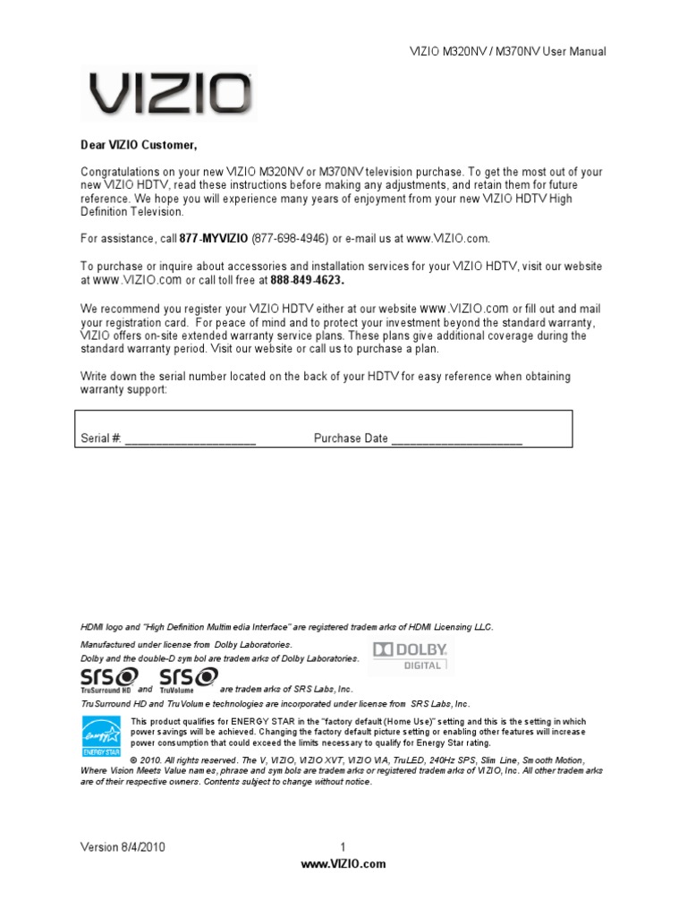 Dear VIZIO Customer | PDF | Hdmi | Digital Television