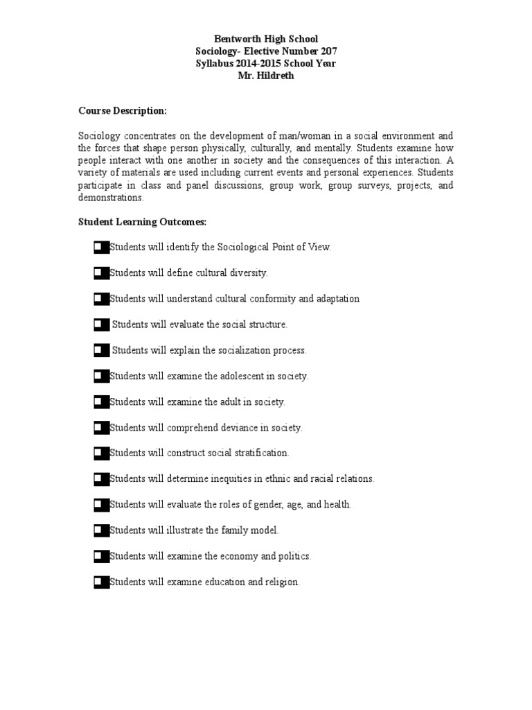Bentworth High School Sociology-Elective Number 207 Syllabus 2014-2015 ...