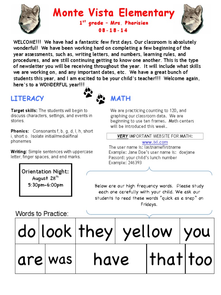 1st Grade Literacy and Math Newsletter | PDF