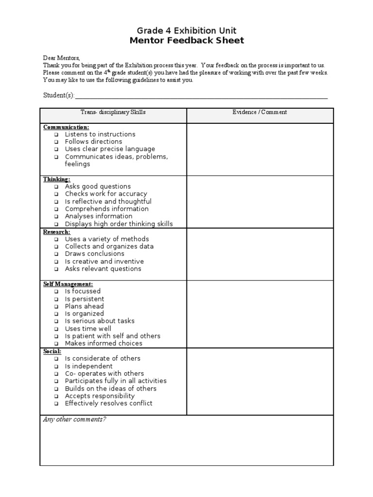 PYP Exhibition - Mentor Feedback | PDF