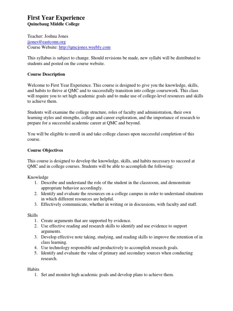 First Year Experience Syllabus | PDF | Syllabus | Teachers
