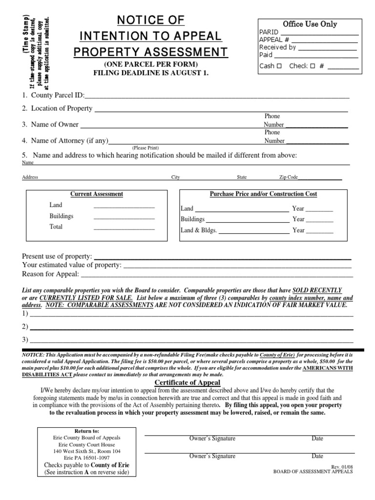 Notice of Intention To Appeal Property Assessment: (One Parcel Per Form ...
