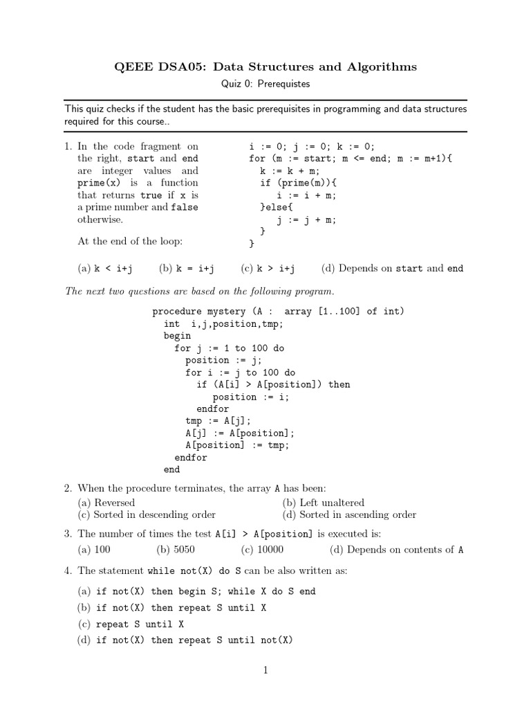 Prerequisite Quiz Pdf Algorithms Algorithms And Data Structures