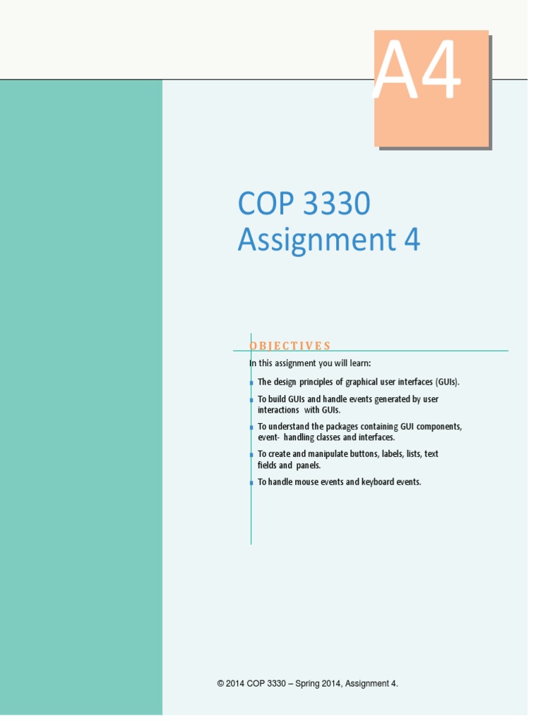 COP 3330 Assignment 4: Objectives | PDF | Graphical User Interfaces | Java (Programming Language)
