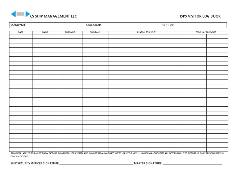 Cs Ship Management LLC Isps Visitor Log Book | PDF