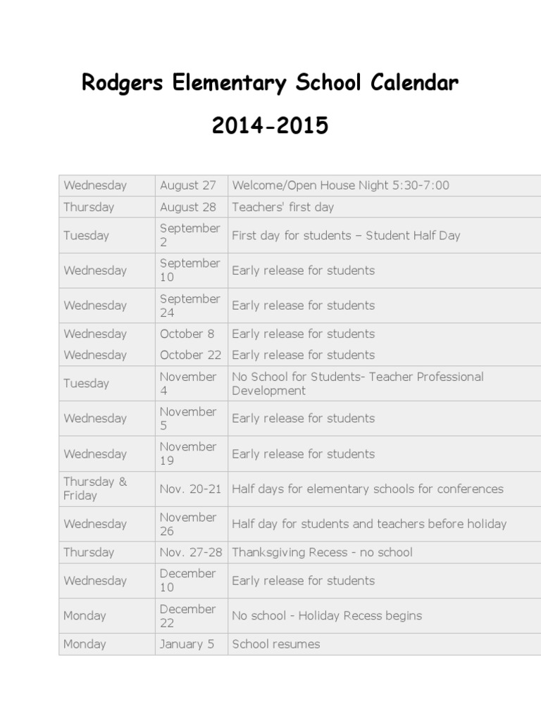 Rodgers Elementary School 2014-2015 Calendar | PDF