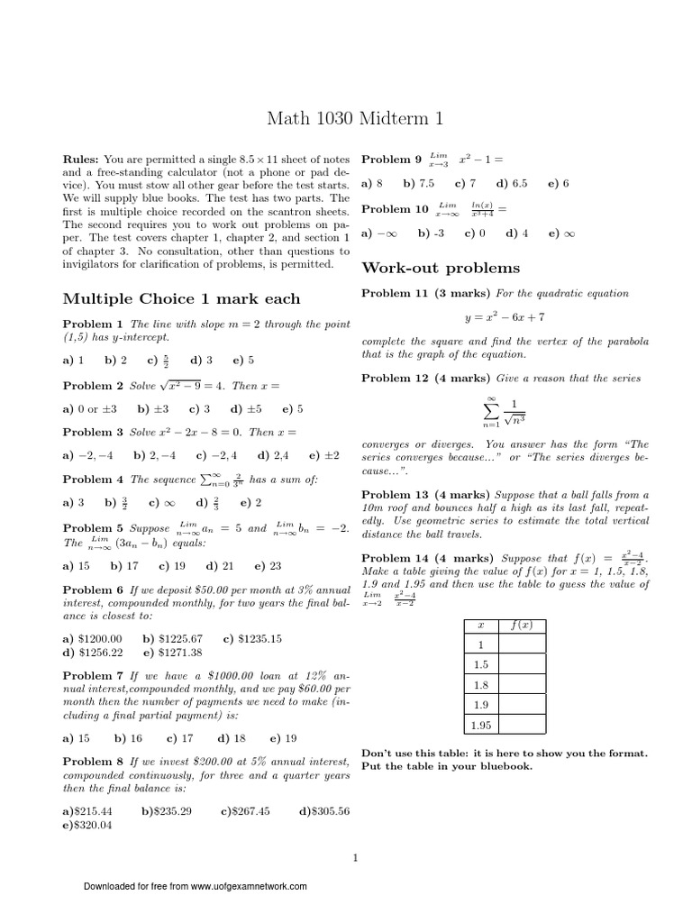 Math 1030 Midterm 1: Work-Out Problems | Download Free PDF ...