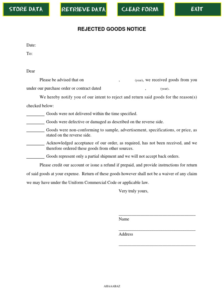 Rejected Goods Notice: (Year) (Year) | PDF
