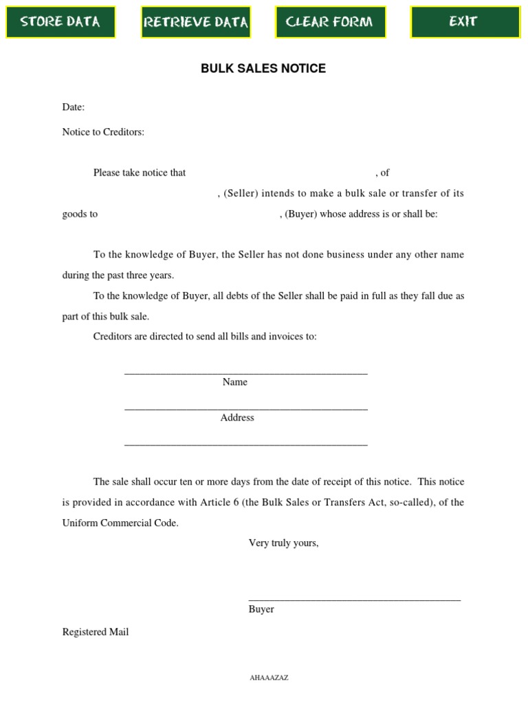 Bulk Sales Notice to Creditors | PDF