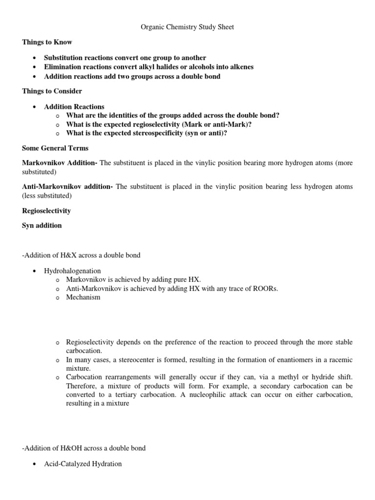 Organic Chemistry Study Sheet | PDF | Alcohol | Alkene