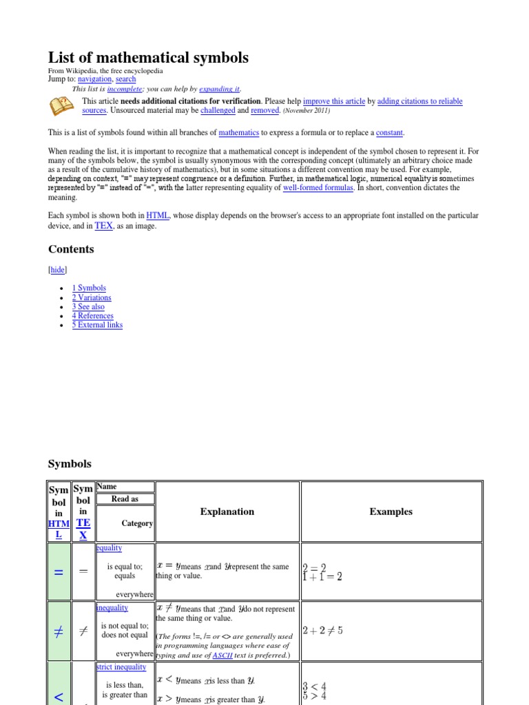 List of Mathematical Symbols | Download Free PDF | Inequality ...