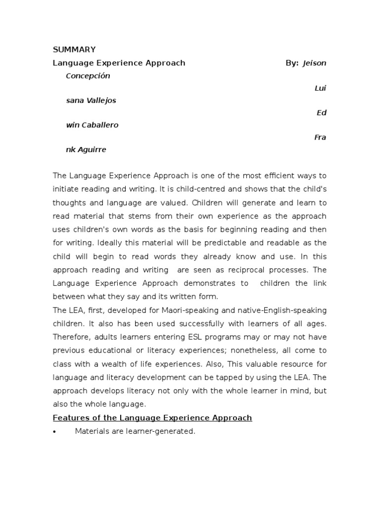 Language Experience Approach | PDF | Reading (Process) | English As A ...