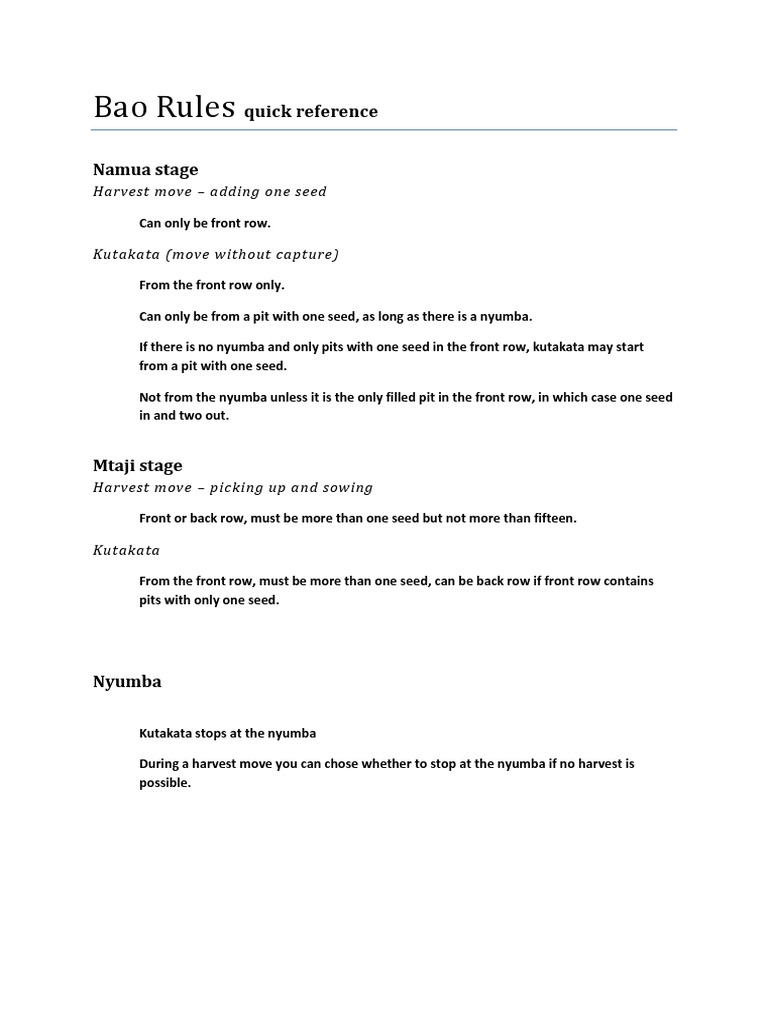 Bao Rules Quick Reference | PDF