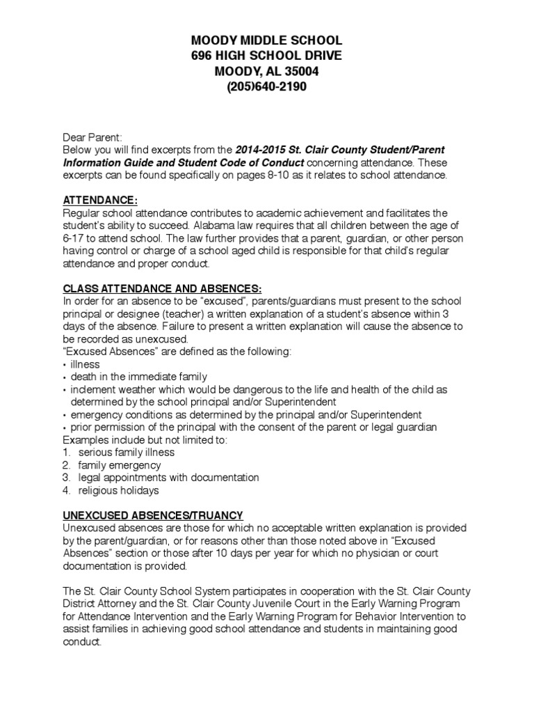 Unexcused Absences Letter | Legal Guardian | Probation