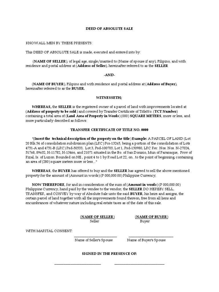 Deed of Absolute Sale Legal Forms | PDF | Power Of Attorney | Notary Public
