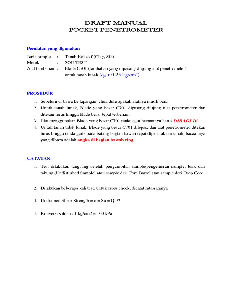Manual Penggunaan Pocket Penetrometer dan Torvane | PDF