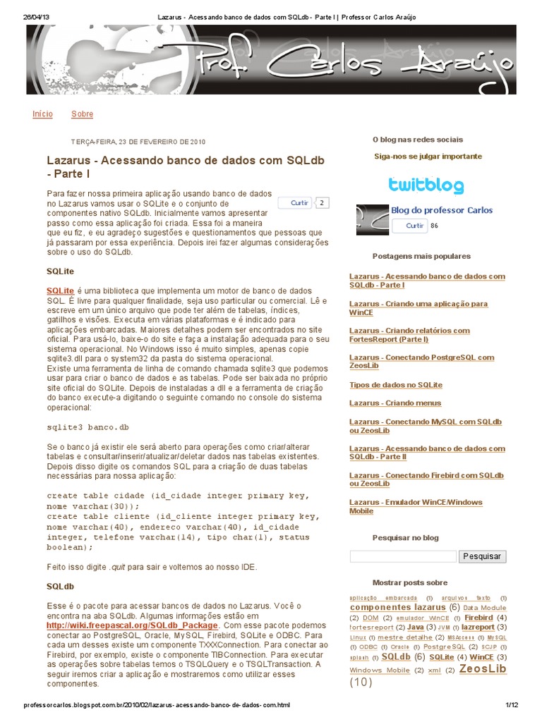 Lazarus - Acessando Banco de Dados Com SQLDB - Parte I - Professor Carlos Araújo | PDF ...