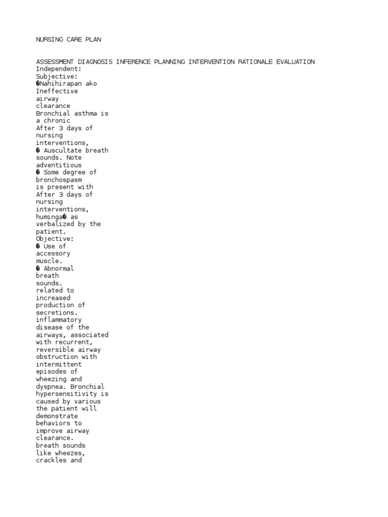 Nursing Care Plan Assessment Diagnosis Inference Planning Intervention ...