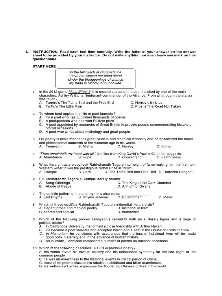 World Literature Quiz | PDF | Rabindranath Tagore | Poetry