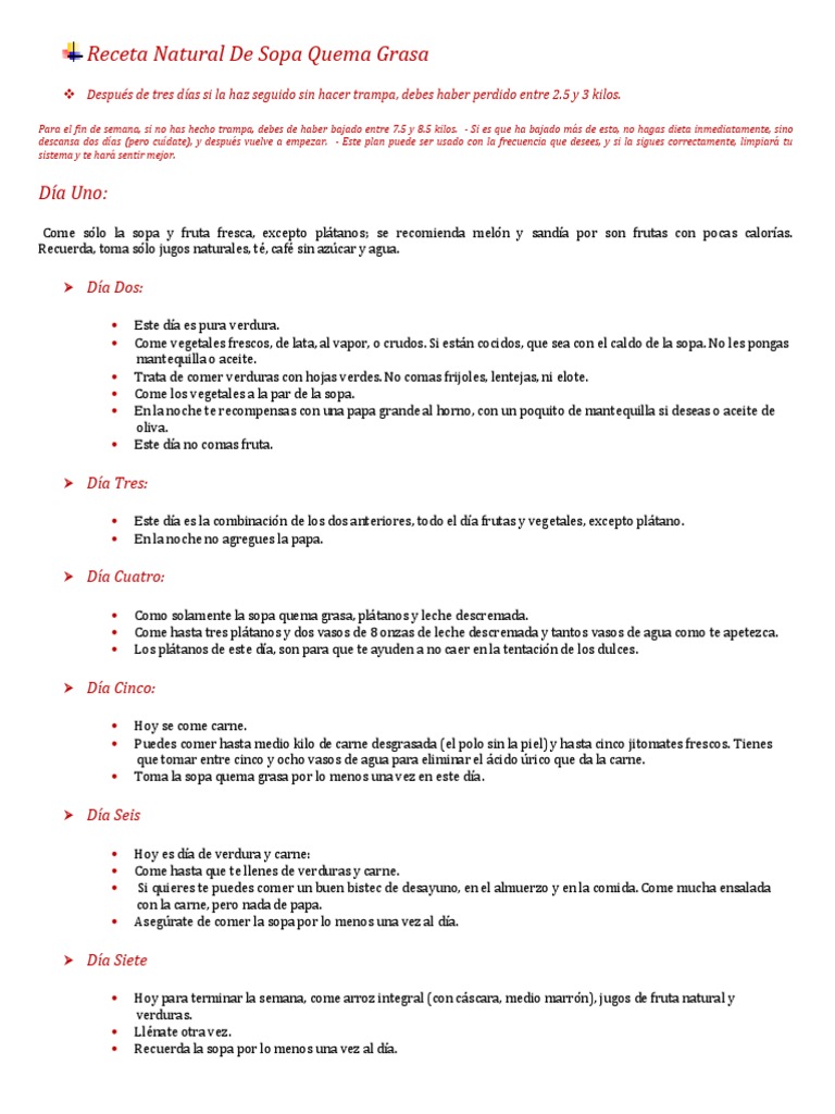Receta de Sopa Quema Grasa 7 Días | PDF | Sopa de pollo | Caldo
