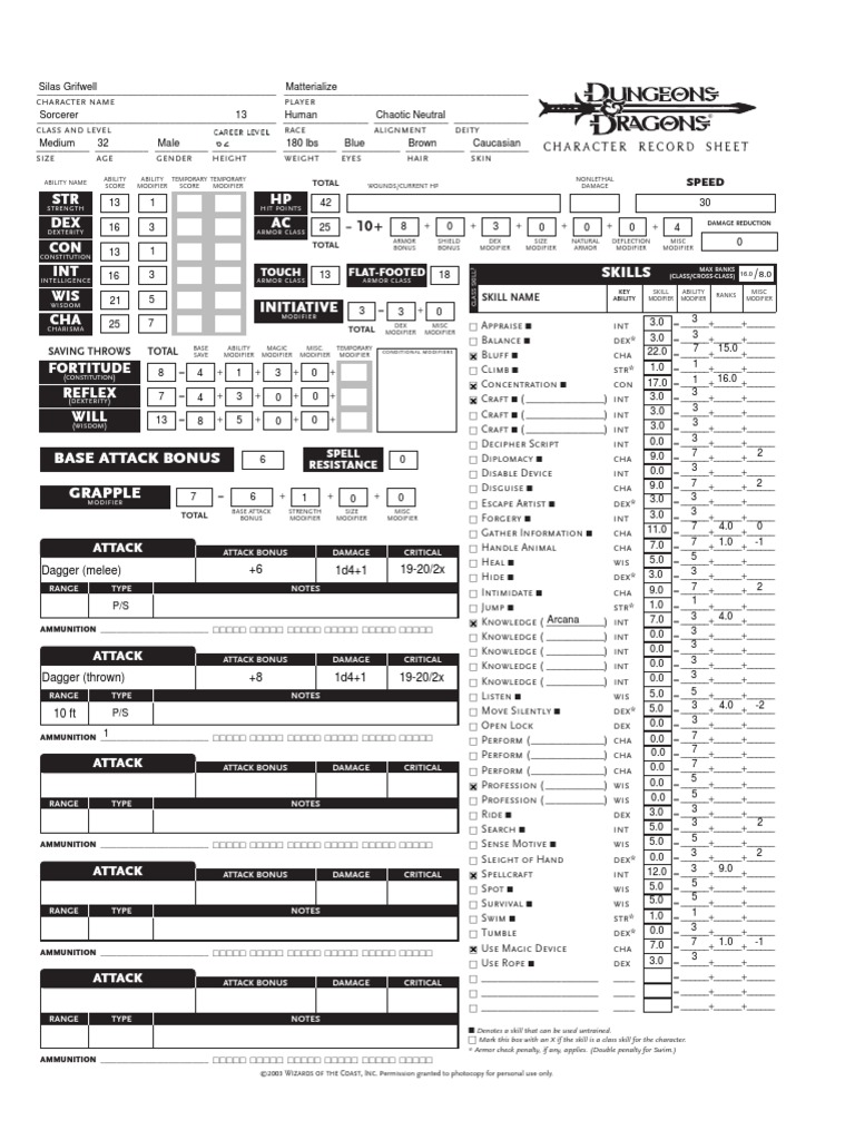 Silas Character Sheet | PDF | Role Playing Games | Role Playing