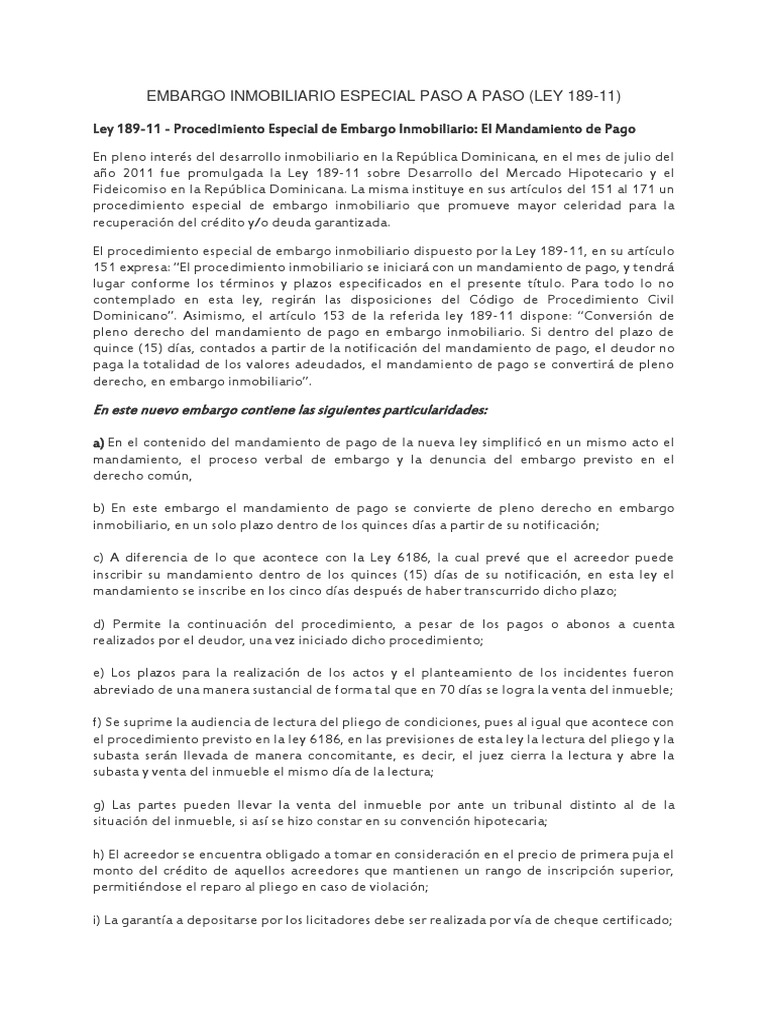 Embargo Inmobiliario Especial Paso A Paso Ley 189-11 | PDF | Pagos ...