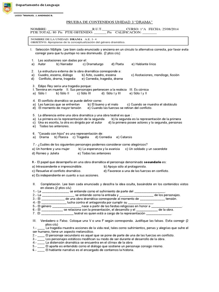 Prueba Género Dramático 1° Medio | PDF | Comedia | Teatro