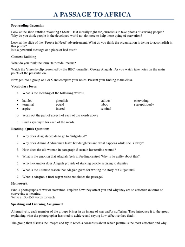A Passage To Africa - Worksheet 2 | PDF