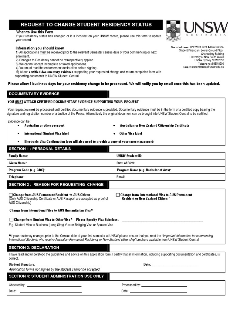 Change Student Residency Status Form | PDF | Travel Visa | Government ...