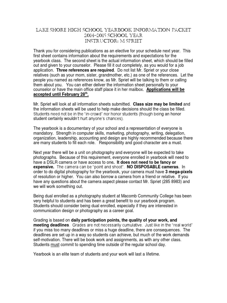 Lake Shore High School Yearbook Information Packet 2014-2015 School ...