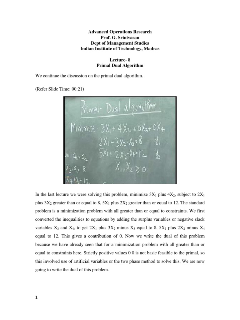 Advanced Operations Research Prof. G. Srinivasan Dept of Management ...