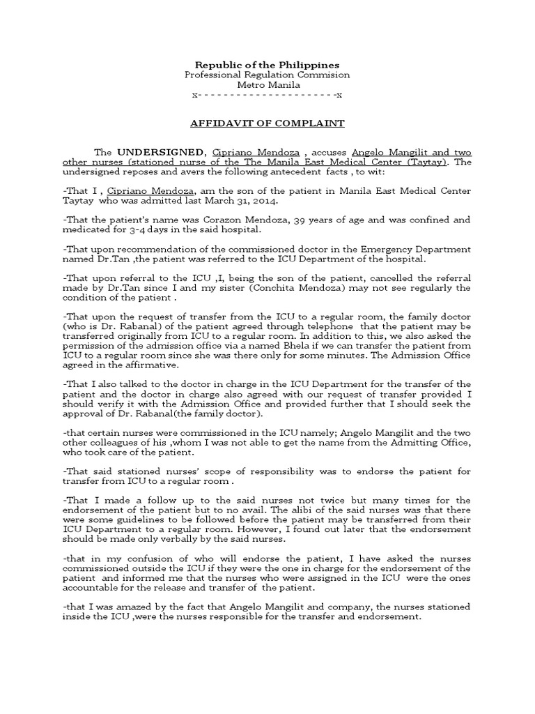 Affidavit of Complaint PRC 21 | PDF | Patient | Hospital