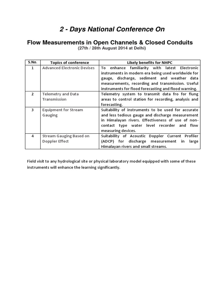 2 - Days National Conference On: Flow Measurements in Open Channels ...
