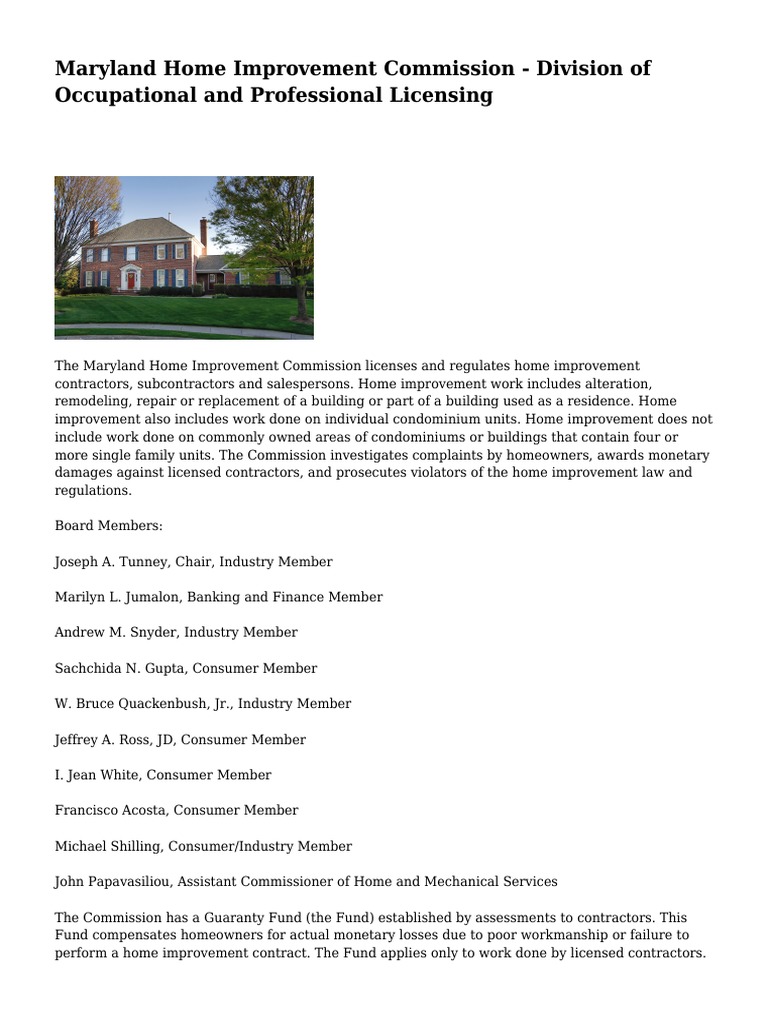 Maryland Home Improvement Commission - Division of Occupational and ...
