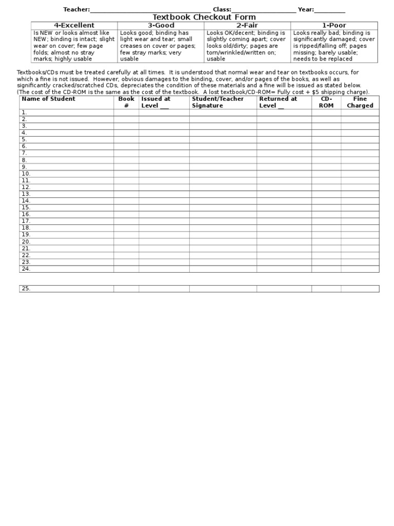 Textbook Checkout Form: 4-Excellent 3-Good 2-Fair 1-Poor | PDF | Home ...