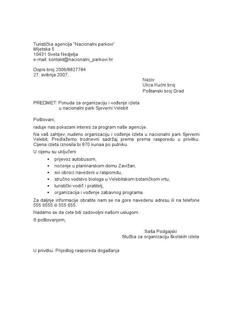 Primjer Dopisa | PDF