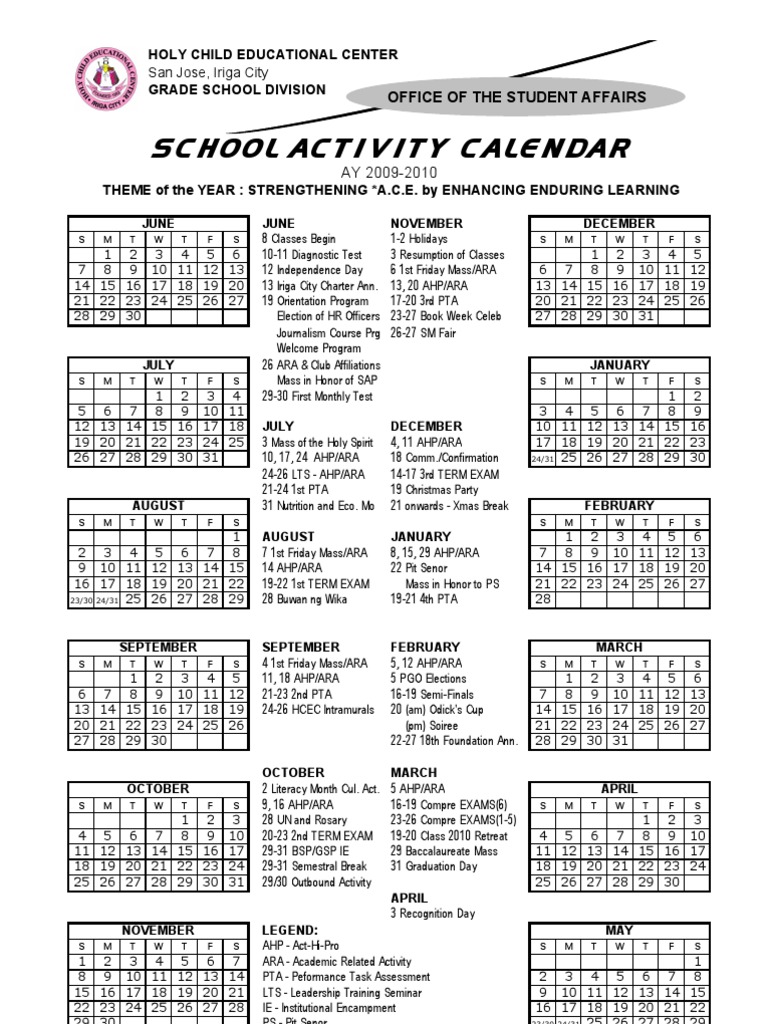 School Activity Calendar 2009-2010 | PDF | Students