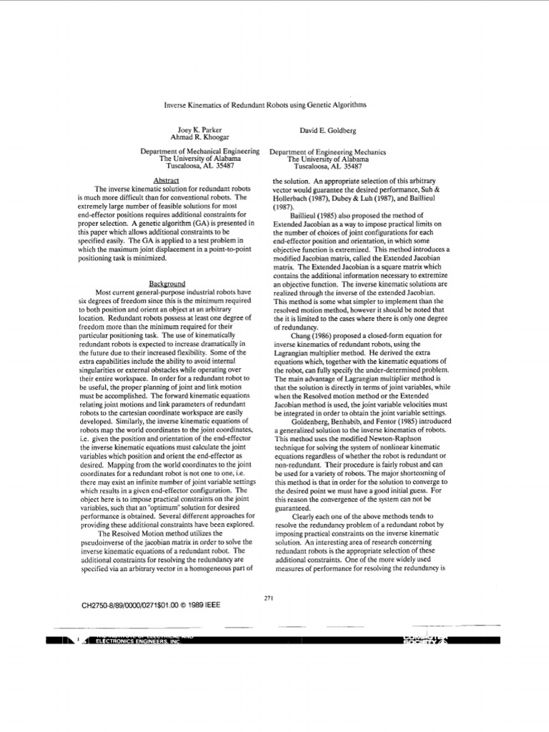 Inverse Kinematics Of Redundant Robots Using Genetic Algorithms Pdf Kinematics Genetic 