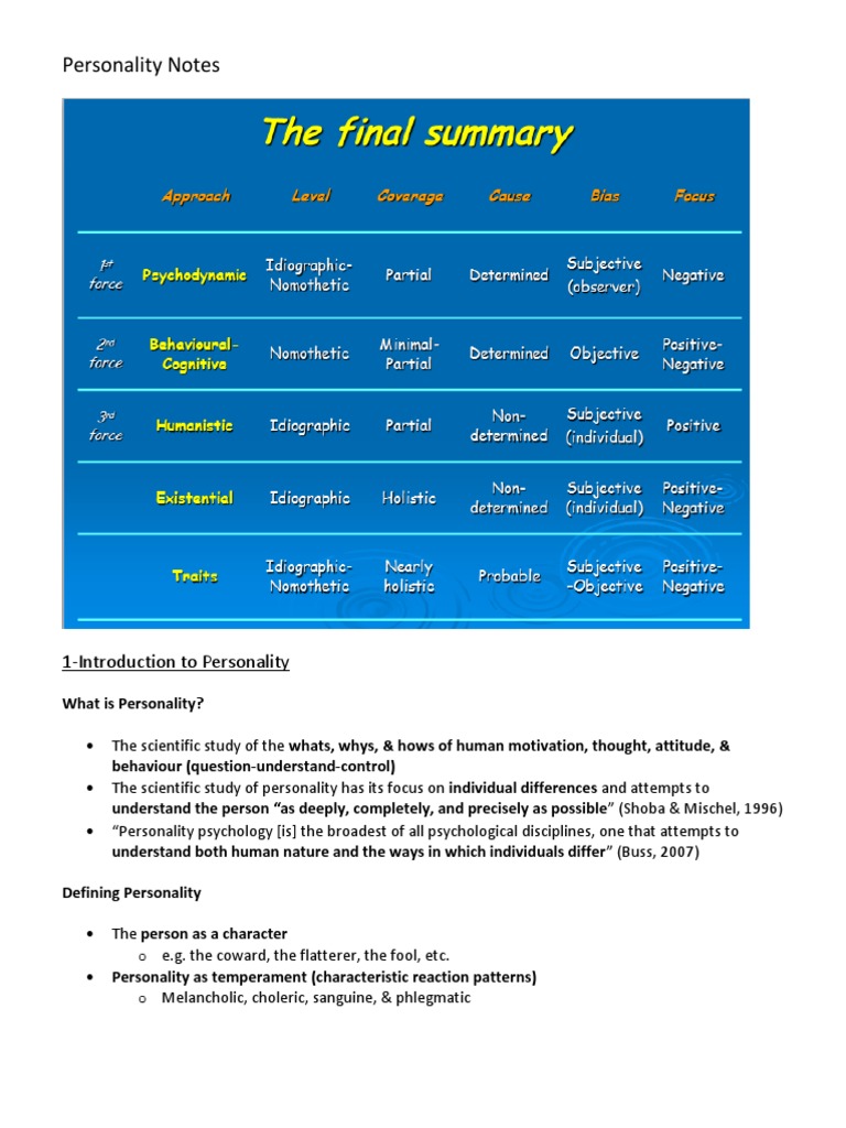 Personality Exam Notes | PDF | Id | Personality Psychology