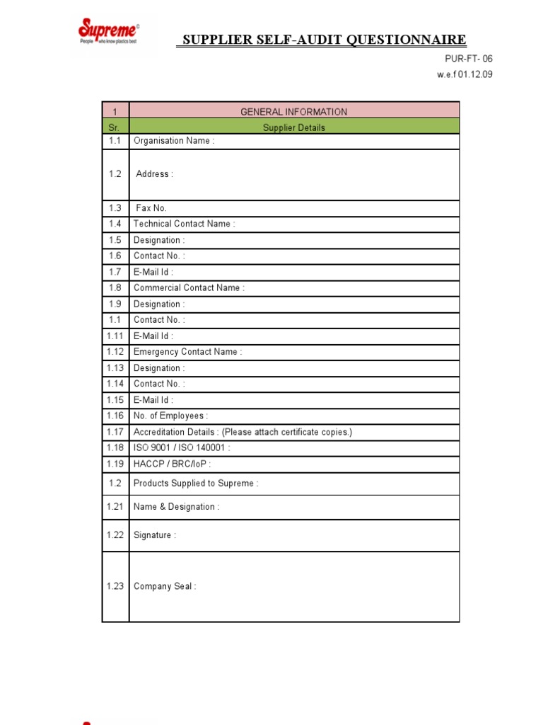 Supplier Self Audit Form | Quality Management System | Specification ...