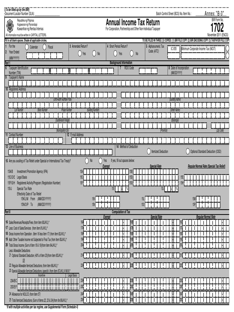 Bir Form No. 1702 | Tax Deduction | Income Tax In The United States