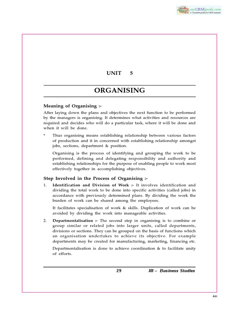 Class 12 Business Studies Notes CH05 Organising | PDF | Organizational ...